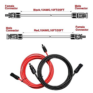Trisinger 10FT 10AWG Solar Panel Extension Cable,1500V 70A Solar Cable, with IP68 PV Female and Male Connector,1 Black+1 Red (10)