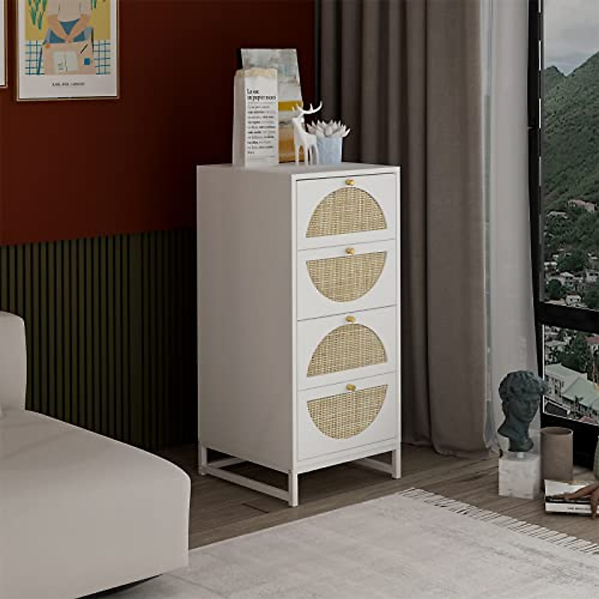 Natural Rattan Drawer Chest Storage Cabinet Suitable for Living Room and Bedroom, Bedroom Dresser with 4 Drawers for Small Space, Storage Tower Organizer Unit for Hallway/ Entryway/ Closets (White)