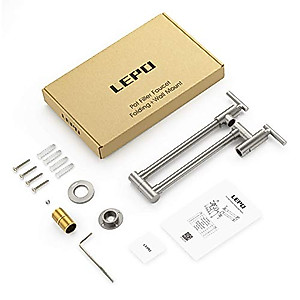 LEPO Pot Filler Faucet, Wall Mount Solid Brass Brushed Nickel Double Joint Swing Arm Folding Kitchen Faucets with Single Hole, 2 Handles