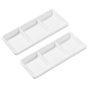 Healeved 2pcs White Ceramic Serving Platter 3 Compartment Appetizer Serving Tray Rectangular Divided Sauce Dishes for Restaurant Kitchen Spices Vinegar Nuts - 5.9 x 2.6 inch