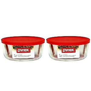Pyrex, Clear, Plus 7-Cup Round Storage Dish with Red Plastic Cover Pack of 2 Containers