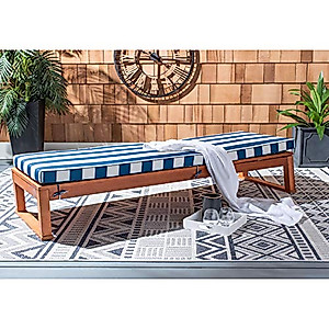 SAFAVIEH Outdoor Collection Solano Natural Wood/ Navy Stripe Cushion Patio Backyard Chaise Lounger Chair