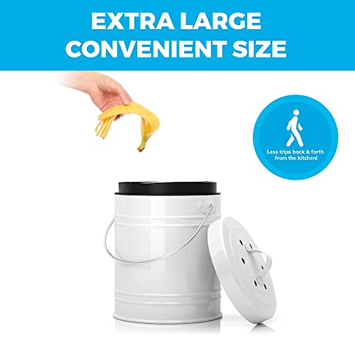 Cooler Kitchen 1.3 Gallon White Countertop Compost Bin - Kitchen Compost bin with EZ-No Lock Lid, Plastic Liner & Charcoal Filters - Sturdy Construction & Odor-Free Seal Dishwasher Safe