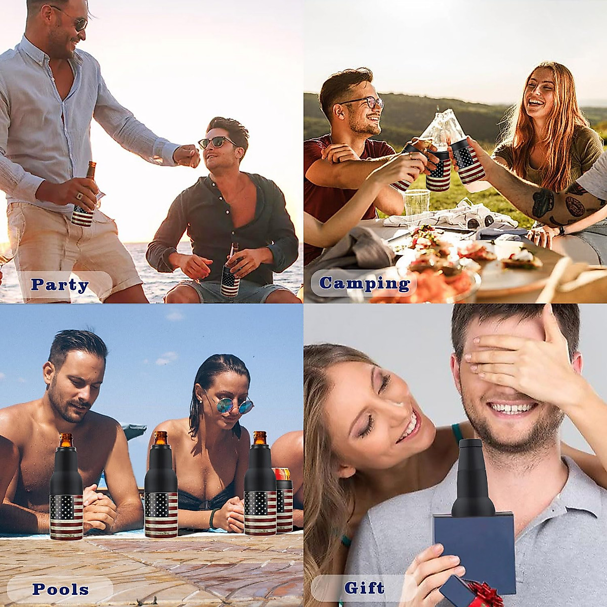 Stepstall Can Cooler Beer Bottle Holder with Beer Opener, 4-in-1 Design Slim Can Beer Bottle Insulators, Double Walled Stainless Steel Insulated, 12 OZ Beer Gifts for Men Boys Father(American Flag)