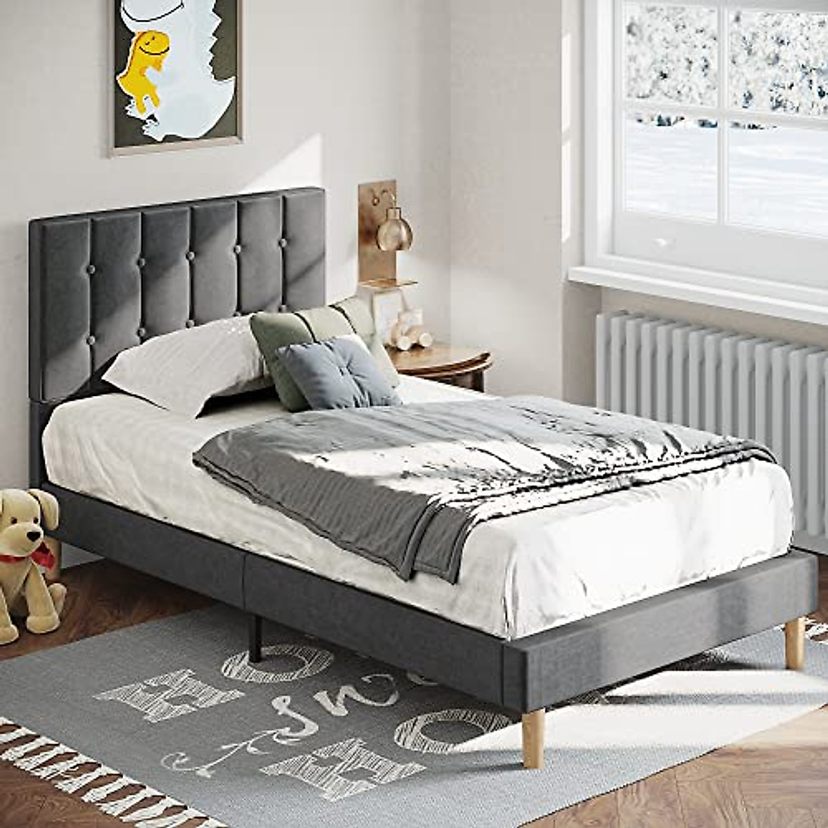 LIKIMIO Twin Bed Frames, Velvet Upholstered Twin Platform Bed Frame with Headboard and Strong Wooden Slats, No Box Spring Needed/Noise-Free/Easy Assembly, Grey