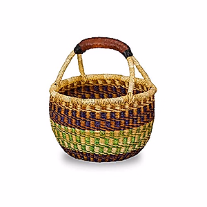 African Market Basket, Small Round Woven Straw Basket with Handle Fair Trade Storage Container