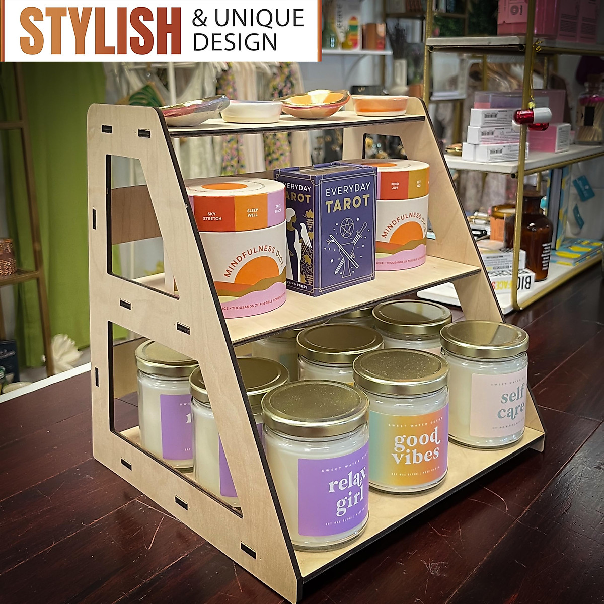 Torched 3-Tier Retail Table Display Stand with Shelves for Products - Portable | 3 Step Riser Display Rack for Retail Table Top, Counter Top, Craft Shows, Farmers Market | Showcase Display for Jewelry