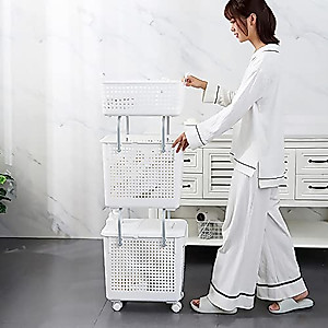 HANAMYA 3 pieces of Laundry Hampers Basket, with Lid and Wheels, Modern Hollow-carved Design, White