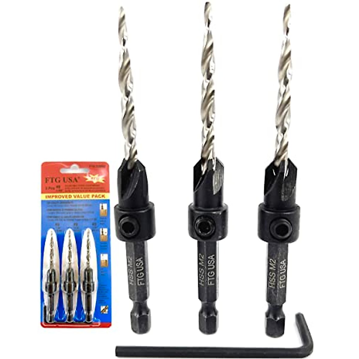 FTG USA Countersink Drill Bit Set 3 Pc #8 (11/64") Countersink Drill Bit with Tapered Drill Bits, Quick Change Hex Shank Countersink Bit, 1 Hex Wrench, Counter Sinker Drill Bit Set for Woodworking