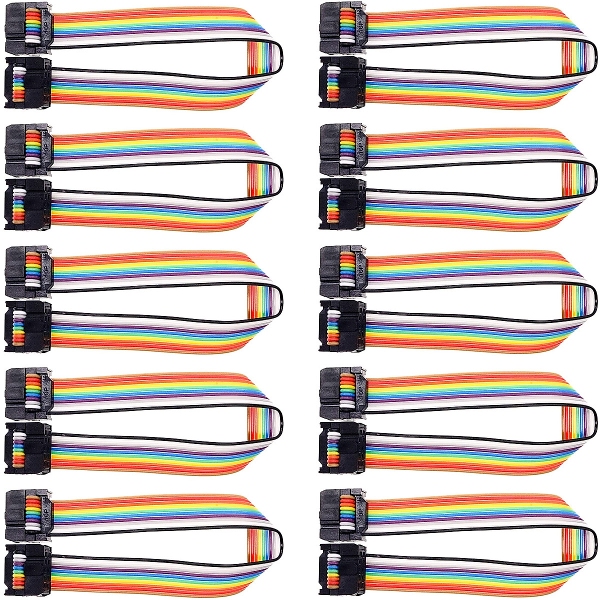 whiteeeen 10pcs 10 Pin for Flat Colorful Ribbon Cable 0.1" Pitch Female to Female Sockets About 7.87" IDC Connector