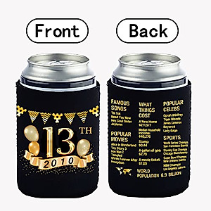 Yangmics 13th Birthday Can Cooler Sleeves Pack of 12-13th Anniversary Decorations- 2010 Sign - 13th Birthday Party Supplies - Black and Gold the thirteenth Birthday Cup Coolers