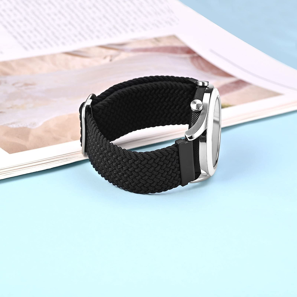 BISONSTRAP Nylon Watch Bands 20mm, Adjustable Braided Loop Straps for Men and Women,Black with Black Buckle