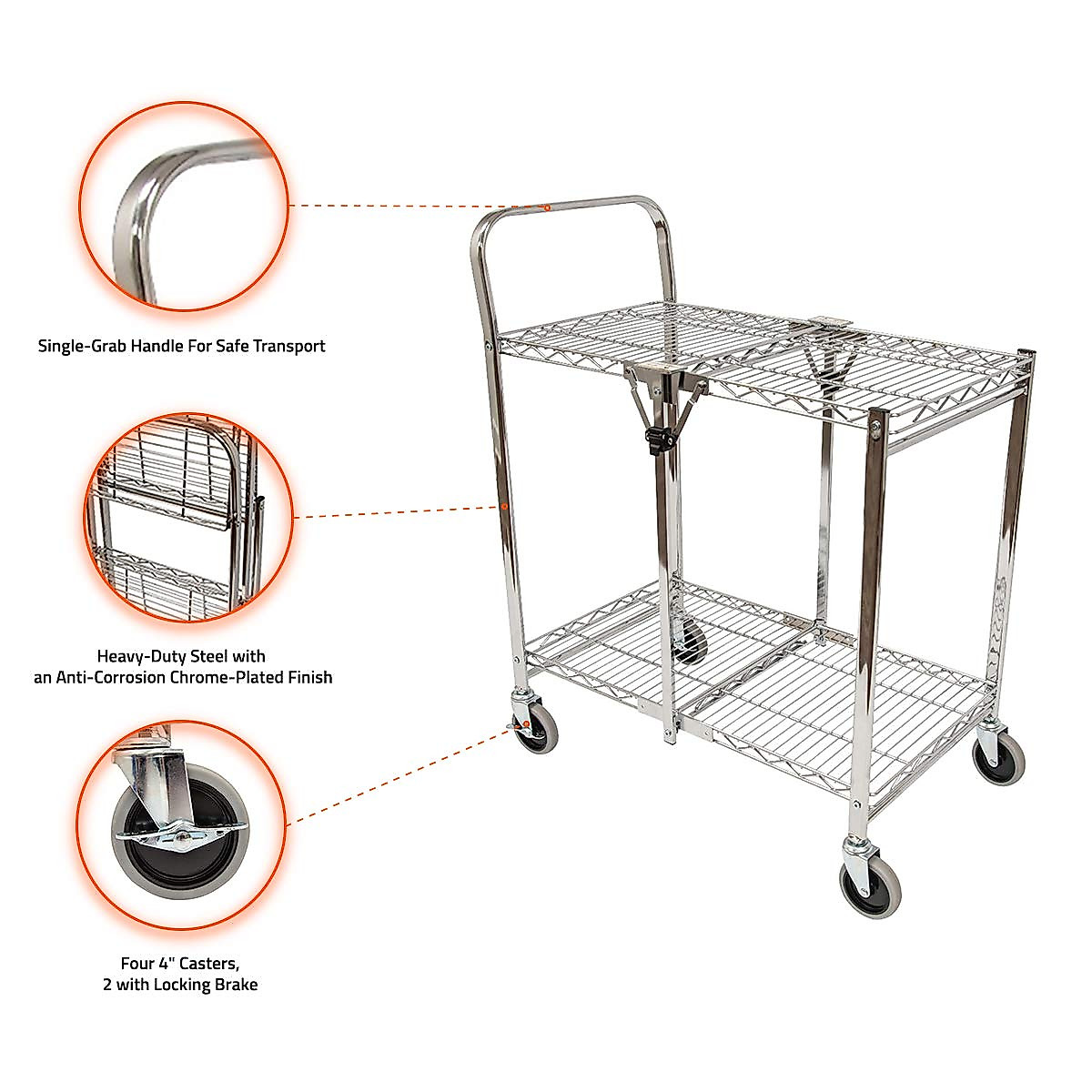 LUXOR WSCC-2 Two-Shelf Collapsible Wire Utility Cart with Wheels, Push Heavy Duty,Holds 200 Pounds and Folds Up for Storage, 37"W x 18.25"D x 30.5"H