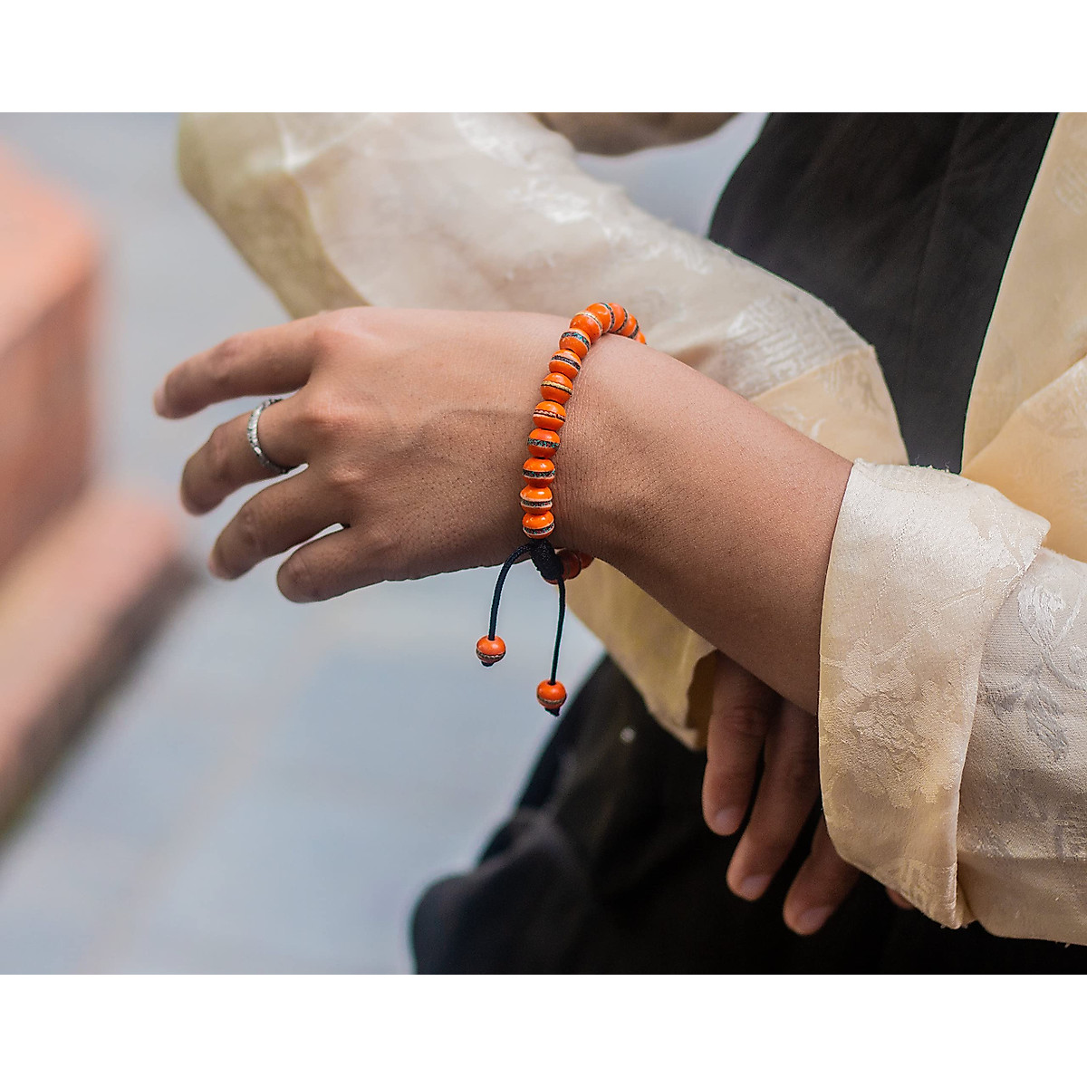 Hands Of Tibet Tibetan Prayer Mala Embedded Medicine Bracelet Yoga Healing Beads Adjustable Wrist Mala For Meditation Many Color Choices (Orange)