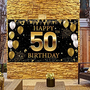 50th Birthday Decorations Backdrop Banner, Black Gold Happy 50th Birthday Decorations for Men Women, 50 Years Old Birthday Party Photo Booth Props, 50 Birthday Sign for Outdoor Indoor, Fabric Vicycaty
