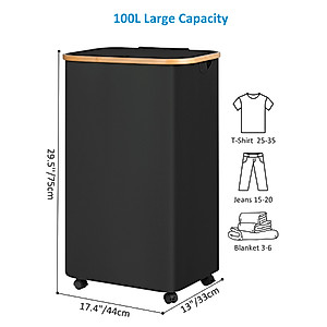 efluky Laundry Basket with Wheels, Rolling Laundry Basket with Lid and Removable Bag, Dirty Clothes Basket with Wheels for Laundry Room, Bedroom & Bathroom, 100L (26.4 Gallon) Black