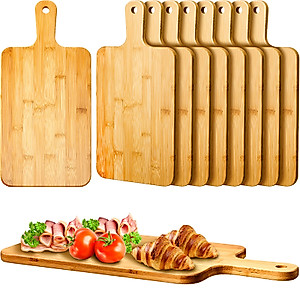 Nuenen 10 Pcs Wood Cutting Board with Handle 15.7 x 7.8 Inch Wooden Serving Board Kitchen Chopping Boards for Pizza, Bread, Cheese, Charcuterie, Fruit, Vegetables(Bamboo)