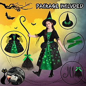 Poshetion Witch Halloween Costumes for Girls, Toddler Light Up Witch Dress with Witch Broom and Hat, Kids Witch Costume Glow in the Dark for Wicked Halloween Dress-Up Party Gifts (Green, Toddler)