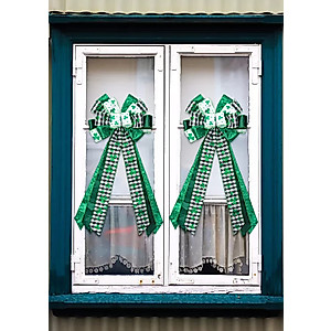 Hying Large St. Patrick's Day Bows for Wreath, Black White Buffalo Plaid Bow Green Shamrock Wreath Bows Holiday Burlap Bow Tree Topper Bows for Front Door Saint Patrick's Day Decorations Supplies