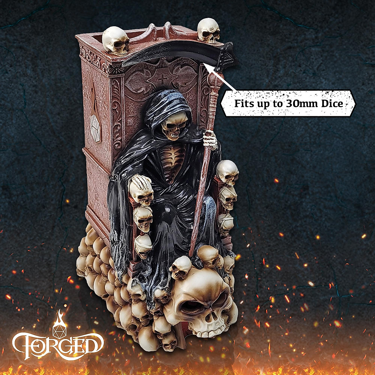 Forged Dice Co. Grim Bones Dice Tower with LED Skull - Hand Painted Grim Reaper Dice Rolling Tower Made from Heavy Duty Resin - Compatible with DND Accessories and Tabletop RPG Games