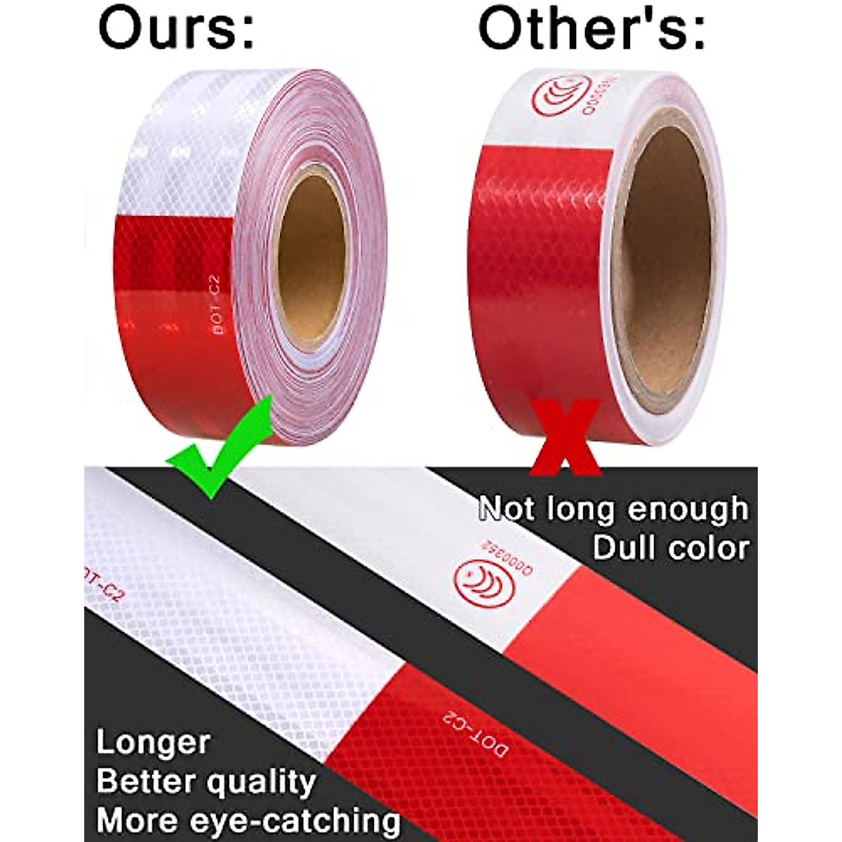 Dynta Reflective Tape Dot 2Inch x 300Feet Reflector DOT-C2 Safety Waterproof Adhesive Conspicuity Red and White Tape for Trailer, Trucks, Cars,Yachting,Outdoor 2 Rolls (2Inch x 150Feet)