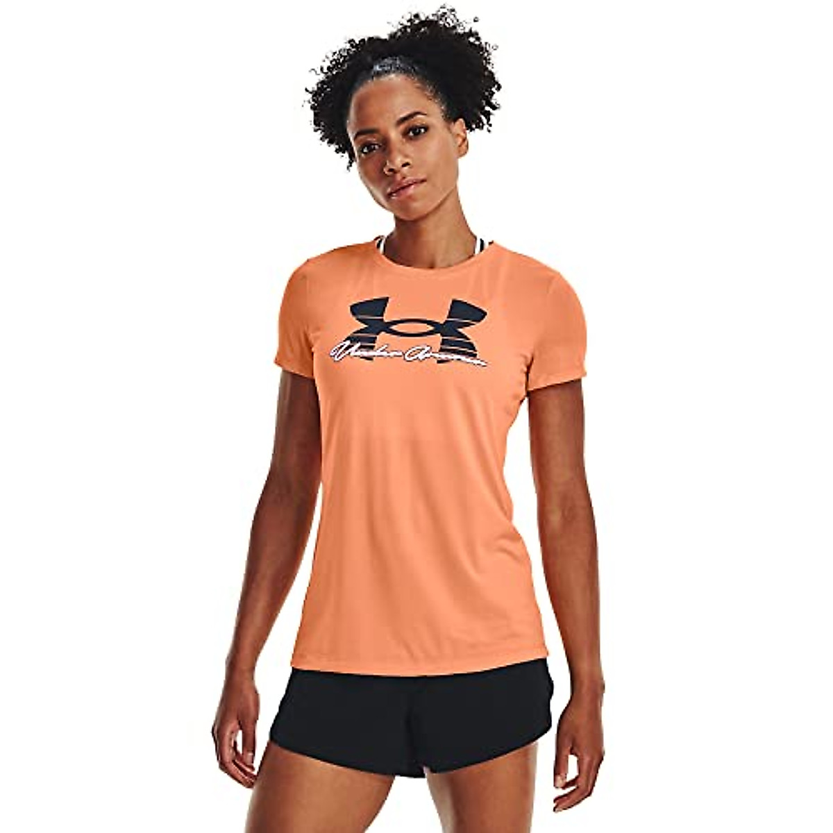 Under Armour Women's Standard Tech Solid Script Short Sleeve T-Shirt, (906) Orange Tropic/Downpour Gray/White, Medium