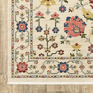 10' X 13' Ivory Salmon Pink Gold Blues Grey Rust and Green Oriental Power Loom Stain Resistant Area Rug with Fringe Modern Contemporary Rectangle Wool Latex Free