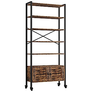 IRONCK Bookshelf and Bookcase with Adjustable 5 Shelves, 70" H x 31.5" W Wide Bookshelves with Door and Wheels, Vintage Brown