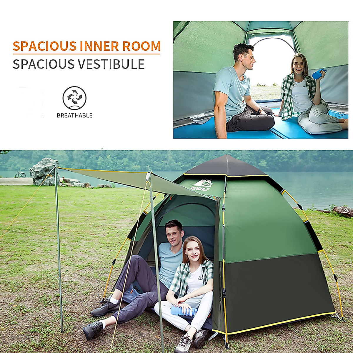 Hewolf Waterproof Instant Camping Tent - 2/3 Person Easy Quick Setup Dome Family Tents for Camping,Double Layer Flysheet Can be Used as Pop up Sun Shade