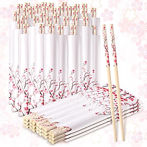 Suttmin 50 Pairs Cherry Blossom Chopsticks Bulk with Chopsticks Sleeved Blue Flower Disposable Bamboo Chopsticks Eucalyptus Wedding Favors Chinese Japanese Food Supply for Takeout Picnic(Cherry)