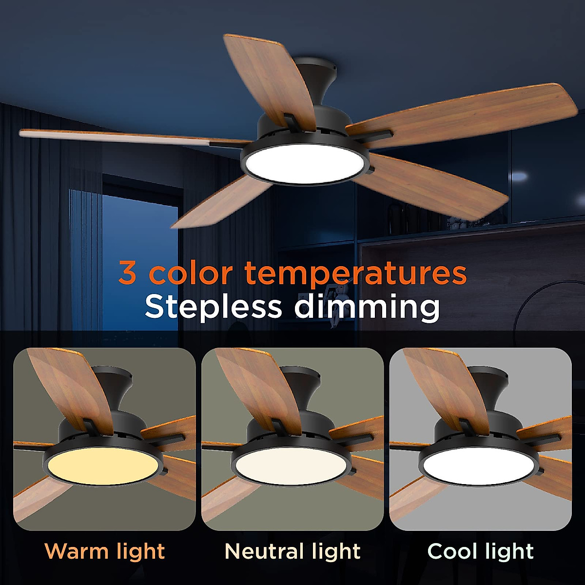 TALOYA 52 inch Ceiling Fans with Lights,Ultra Silent Multifunctional Ceiling Fan with Three Color Temperature and Dimmable Light with Reversible Blades Black