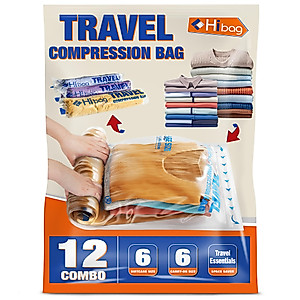 12 Compression Bags for Travel, Travel Essentials Compression Bags, Vacuum Packing Space Saver Bags for Cruise Travel Accessories (12-Travel)