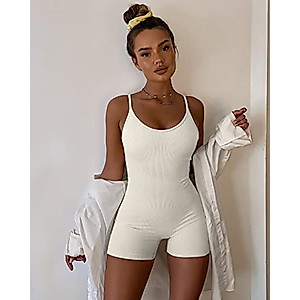 OQQ Women's Yoga One Piece Ribbed Spaghetti Strap Exercise Romper, Beige, Medium