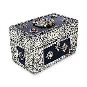 NOVICA Repousse Brass Velvet Lined Jewelry Box with Tray and Lock, Treasure Chest'