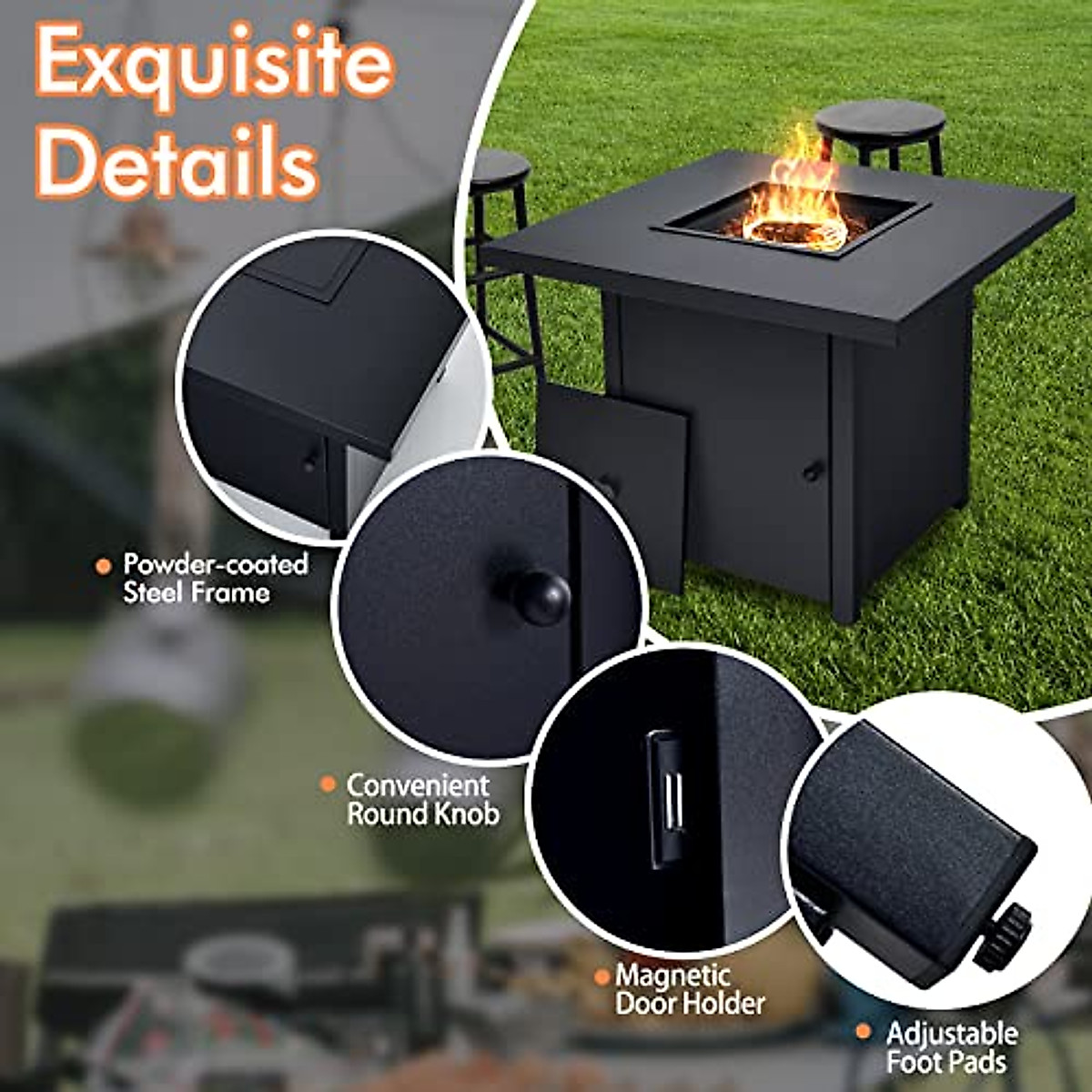 Tangkula 32 Inch Propane Fire Pit Table, Patiojoy 40,000 BTU Auto Ignition Square Gas Fire Table with Removable Lid, Fire Glass, Adjustable Flame, CSA Approved, Suitable for Balcony, Garden, Poolside