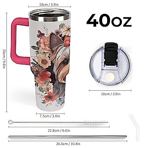 WYUSPGK 40oz Stainless Steel Car Mug, Yorkie Floral Print Travel Mug, Double-Wall Insulated with Straw, Perfect for Car, Office, Outdoor