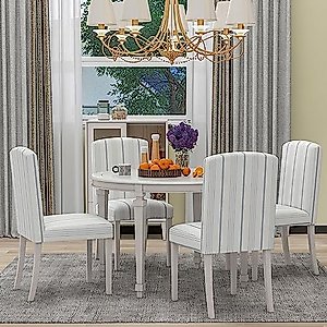 Merax Round Dining Room Table and Chairs Set of 4 Farmhouse Rustic Round Dining Table Set 5 Piece Wood Kitchen Table and 4 Upholstered Chairs with Striped Fabric for Dining Room