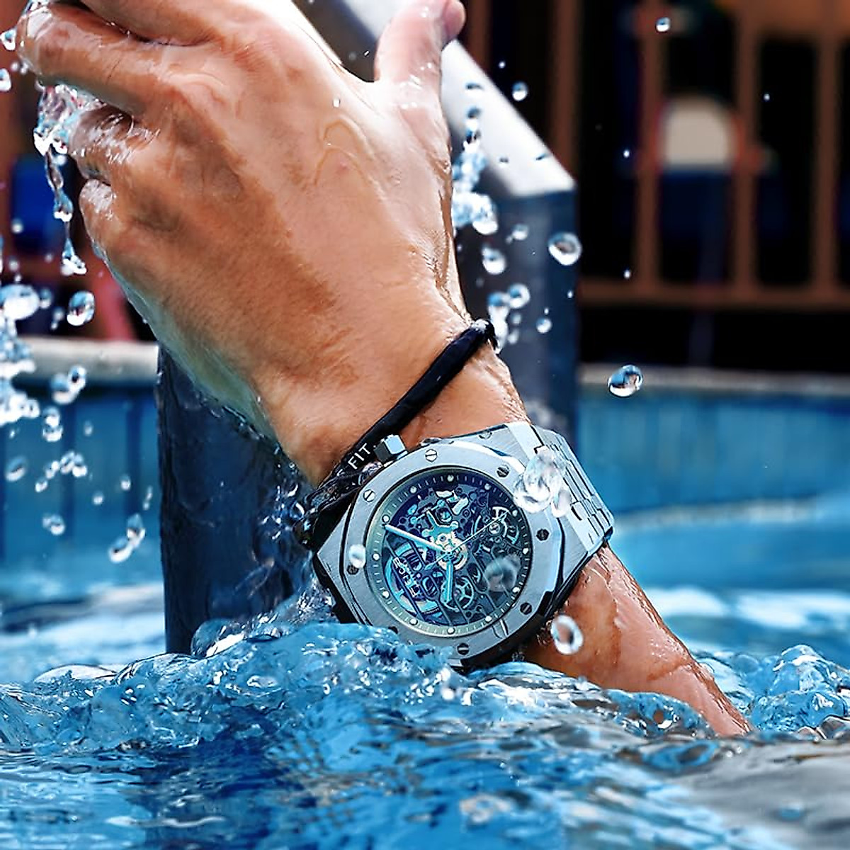 FEICE Watches for Men Automatic Skeleton Watch 42mm Case Stainless Steel Mechanical Anti Shock Waterproof Luminous Sapphire Crystal Analog Watches Business Wristwatch Adjustable Band FM019HOT