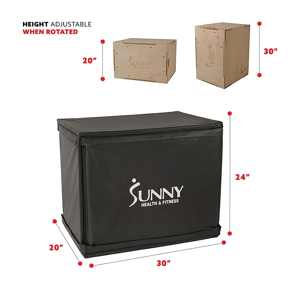 Sunny Health & Fitness Wood Plyo Box with Removable Foam Cover, 500lb Weight Capacity and 3 in 1 Height Adjustment - 30"/24"/20" for Crossfit Training and Plyometric Conditioning