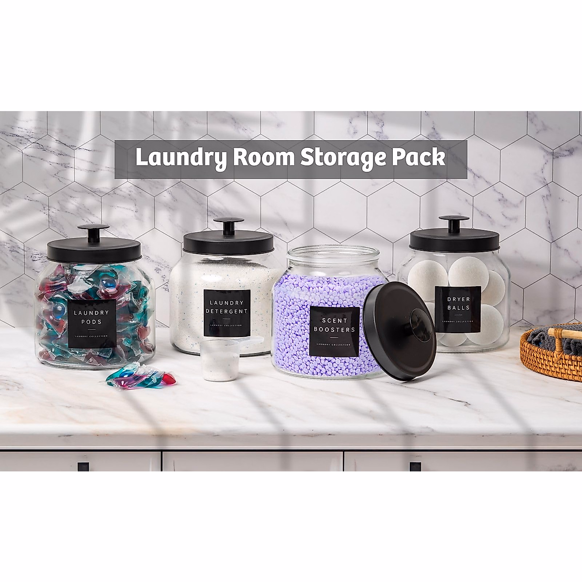 4 Pack Laundry Room Organization and Storage Containers 64 Oz With Labels, Half Gallon Glass Laundry Organizer Jar Holder For Laundry Pods, Scent Booster, Detergent, Dryer Balls Includes 4 Scoops
