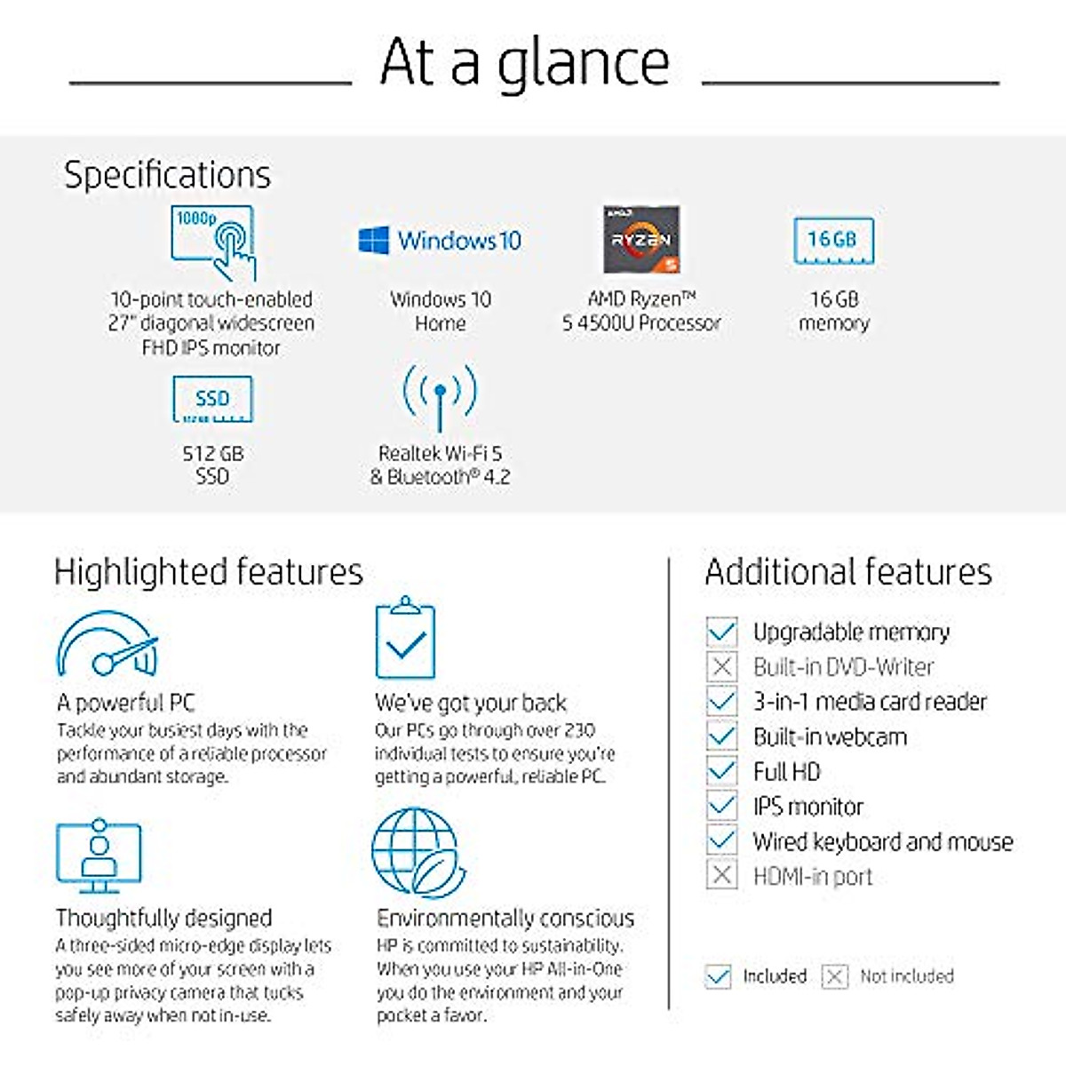 HP 27-inch Touchscreen All-in-One Desktop Computer, AMD Ryzen 5 4500U Processor,16 GB RAM, 512 GB SSD, Windows 10 Home (27-dp0160, Silver)