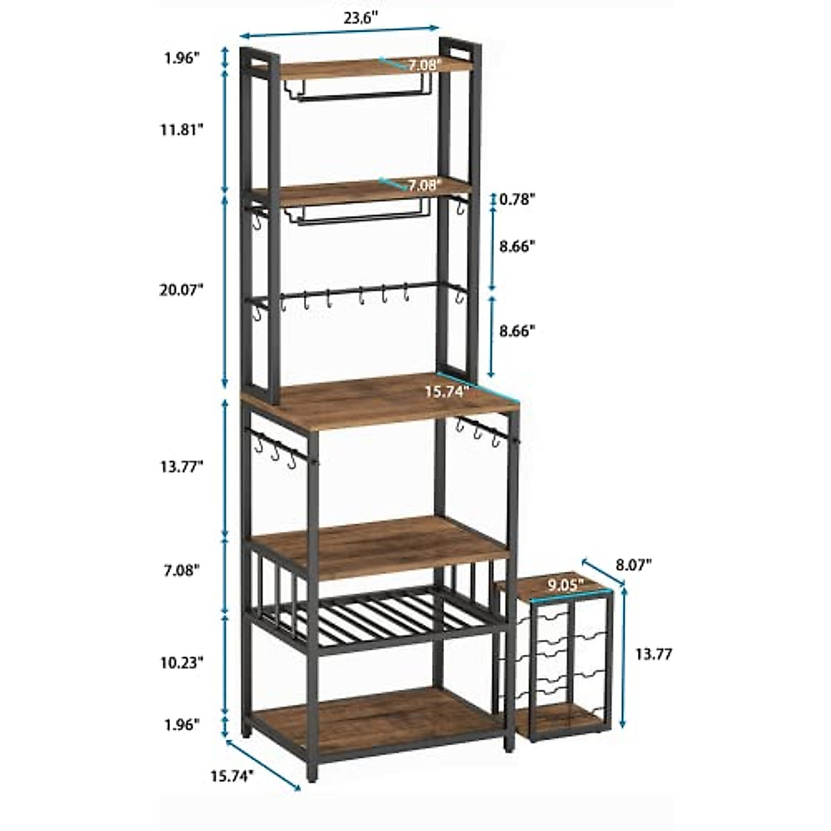 Amosic Wine Baker Rack, Industrial Wine Bar Cabinet, 6-Tier Wine Storage Display Shelves, Floor Liquor Wine Cabinet Storage with Rustic Wood Countertop Wine Rack 6 Bottles, for Bar (Rustic Brown)