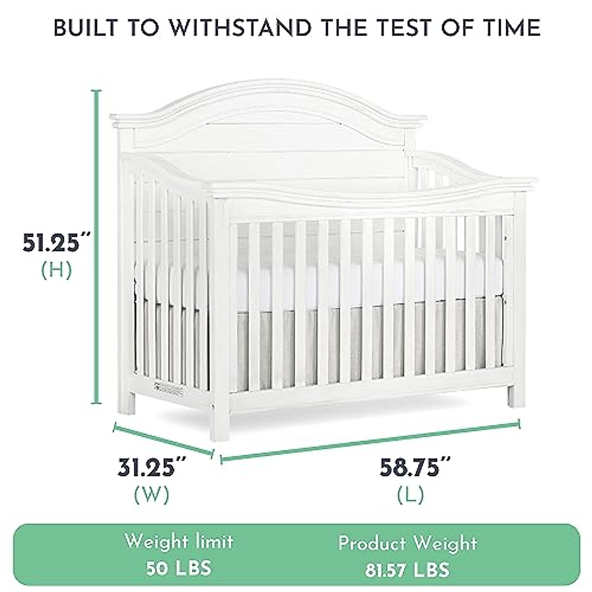 Evolur Belmar Curve 5-in-1 Convertible Crib in Weathered White, Greenguard Gold Certified, Features 3 Mattress Height Settings, Crafted from Hardwood, Wooden Nursery Furniture