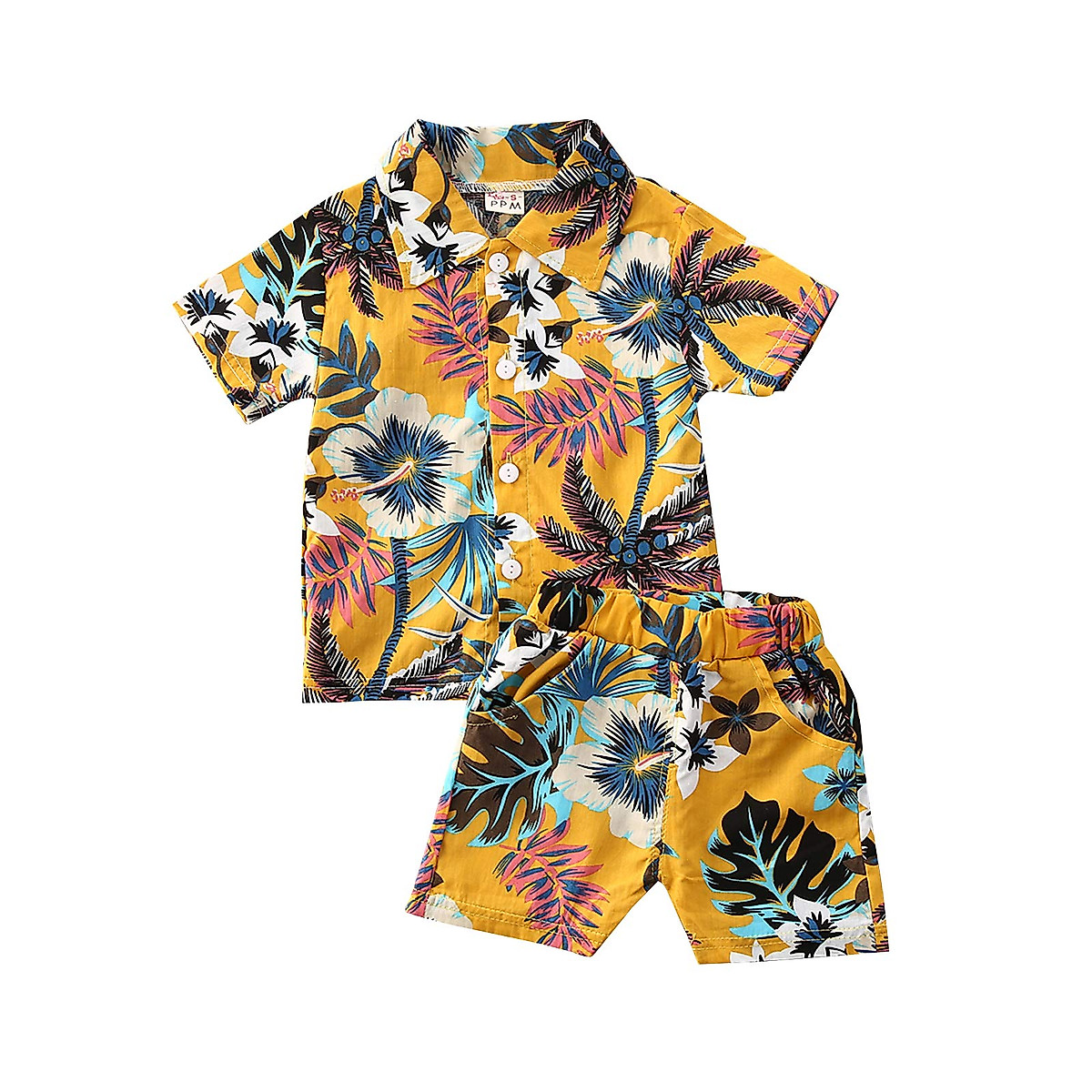 QWEP Toddler Baby Boys Summer Shorts Set Floral Outfits Button Down Shirt Top Bermuda Shorts Hawaiian Clothes 2 PCS (01 Floral Boys Shorts Coconut Yellow, 2-3T)