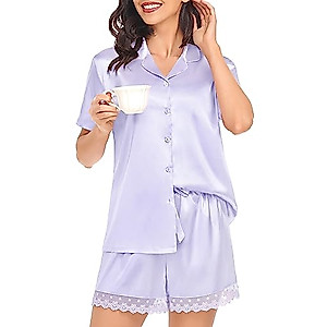 SWOMOG Womens Silky Satin Pajamas for Bridesmaid Short Sleeve Top with Short Sleeve Sleepwear Pj Set 2 Piece Loungwear
