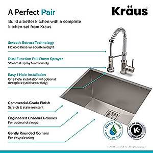 KRAUS 24-inch 18 Gauge Pax Laundry and Utility Sink Combo Set with Bolden 18-inch Kitchen Faucet and Soap Dispenser, Stainless Steel Chrome KHU24L-1610-53SSCH