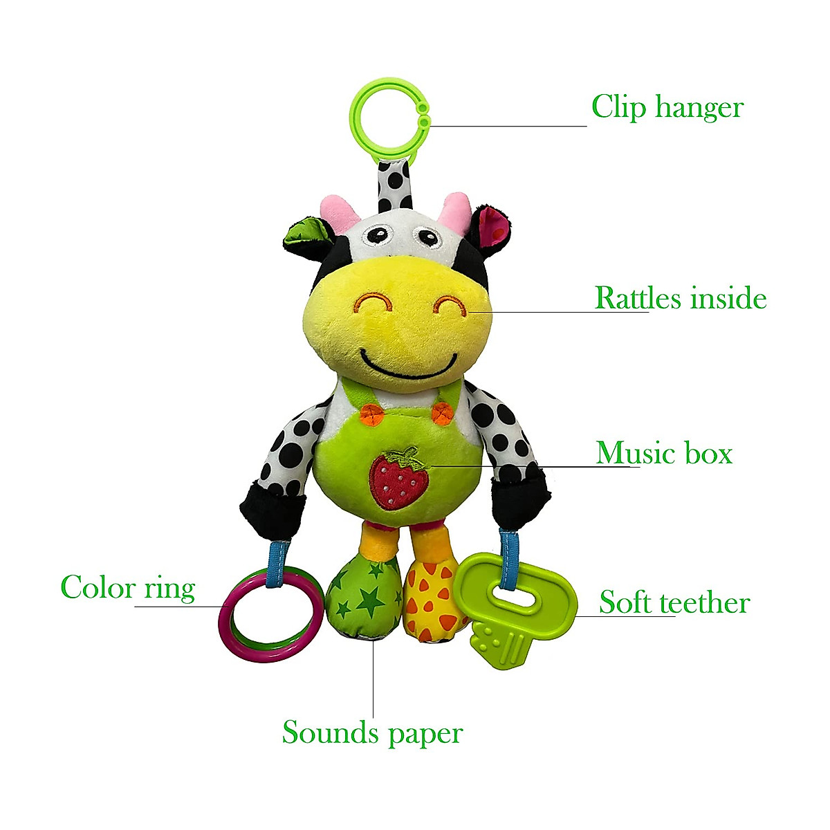 Cute Hanging Stroller Car Seat Toys for Baby, C Clip Hanging Animal Soft Toys with Rattles BB Squeaker Distorting Mirror for Boys Girls 0-36 Months (Green)