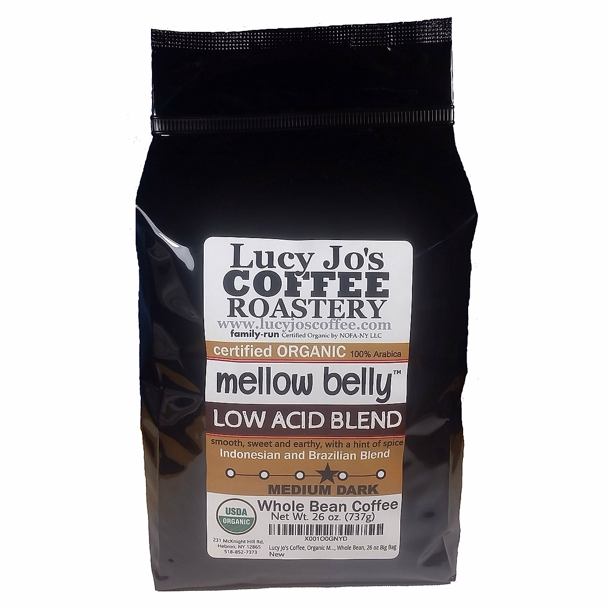 Lucy Jo's Coffee, Organic Mellow Belly Low Acid Blend, Medium Dark Roast, Whole Bean, 11 oz (26 OZ)