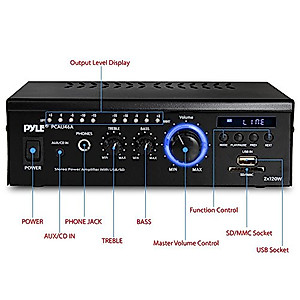Pyle Home Home Audio Power Amplifier System - 2x120W Dual Channel Theater Power Stereo Receiver Box, Surround Sound w/ USB, RCA, AUX, LED, Remote, 12V Adapter - For Speaker, iPhone - Pyle PCAU46A