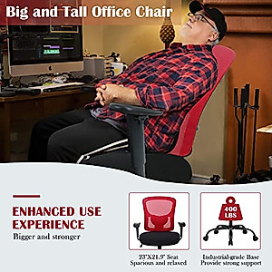 Big and Tall Office Chair 400lbs Wide Seat Ergonomic Desk Chair for Heavy People, Mesh Computer Chair with Lumbar Support, Adjustable Armrests Rolling Swivel Task Chair for Women, Red